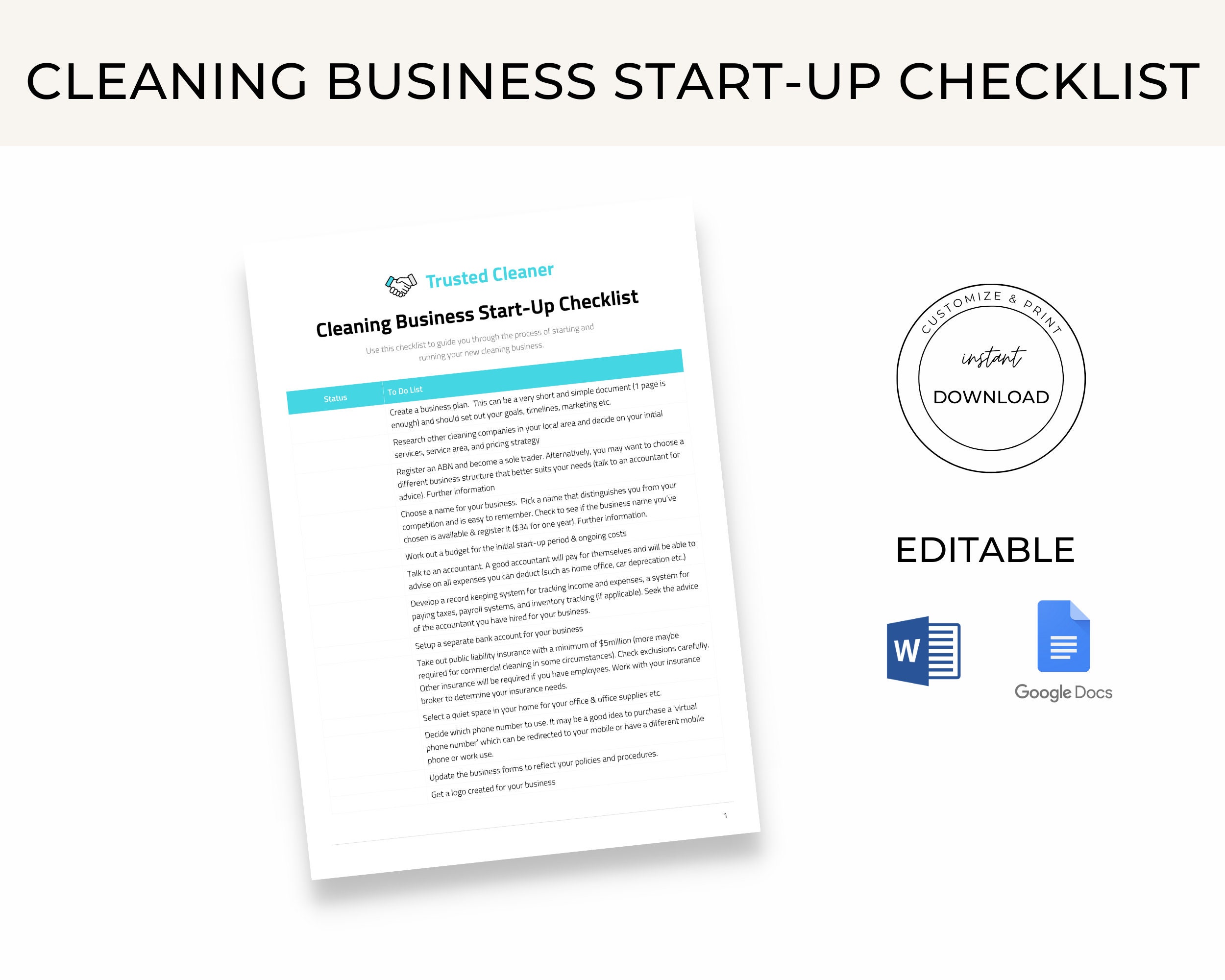 Cleaning Business Startup Checklist Form Editable Google Docs & MS Word ...