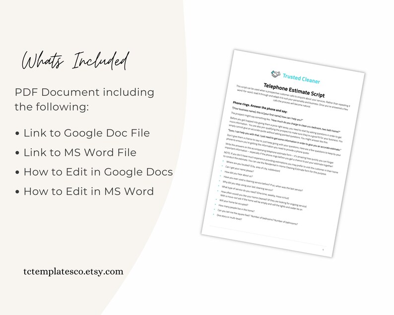 Cleaning Business Phone Estimate Script Editable Google Docs & MS Word ...