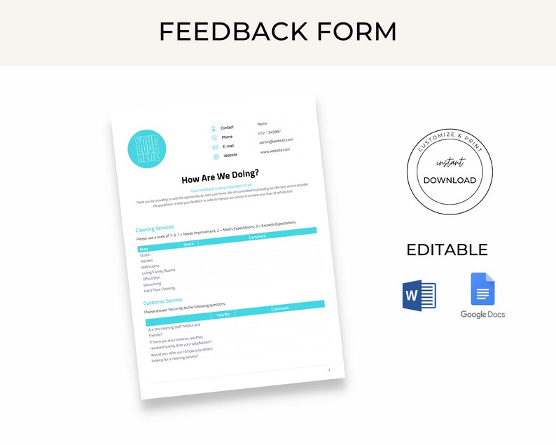 Cleaning Business Feedback Form Template Editable Google Docs & MS Word ...