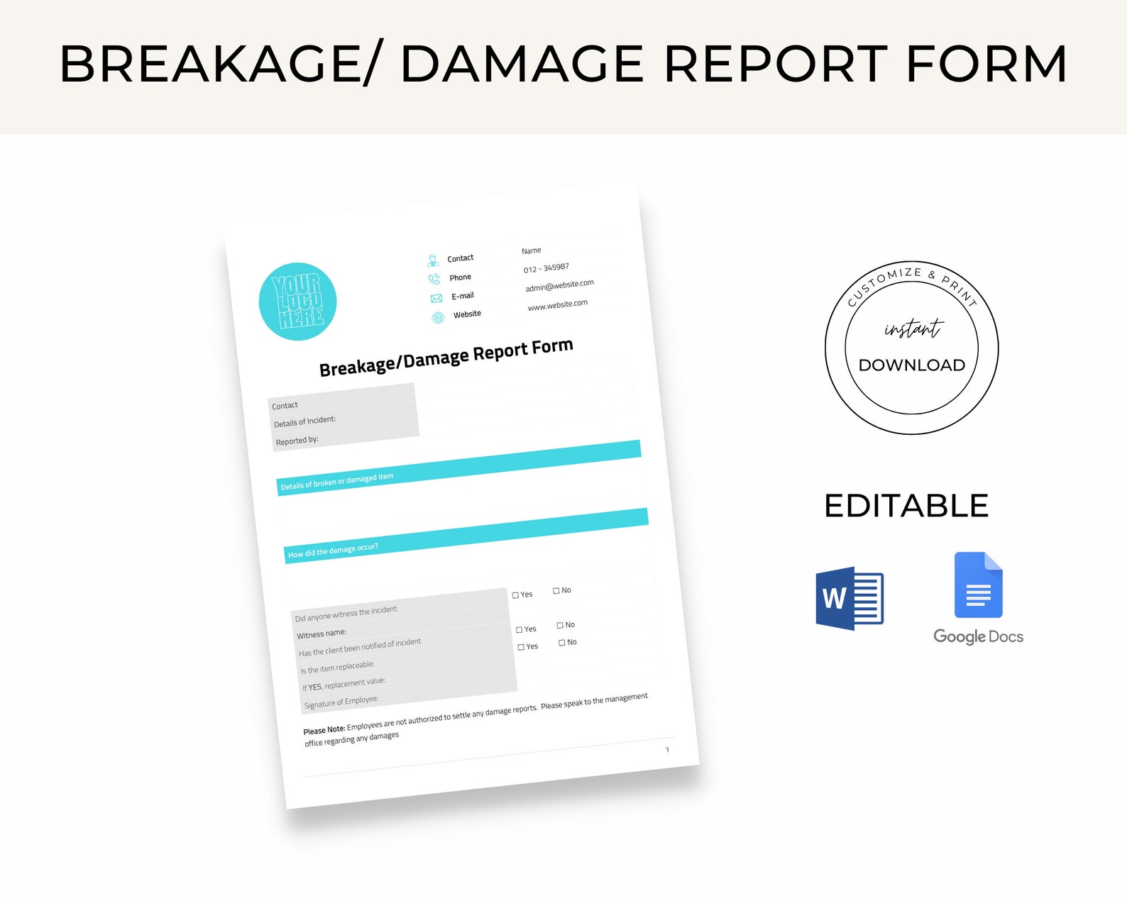 Cleaning Business Breakage Report Template | Property Damage | Editable ...