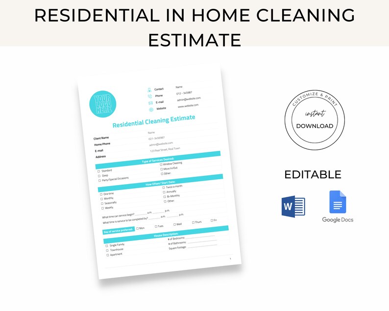 Residential in Home Cleaning Estimate Template - Editable Google Docs ...