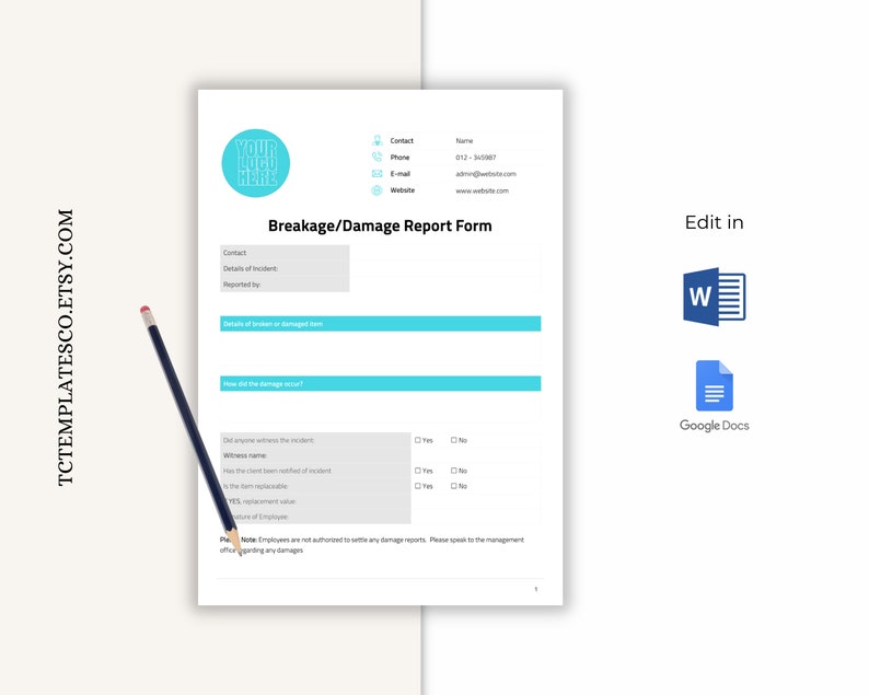Cleaning Business Breakage Report Template | Property Damage | Editable ...