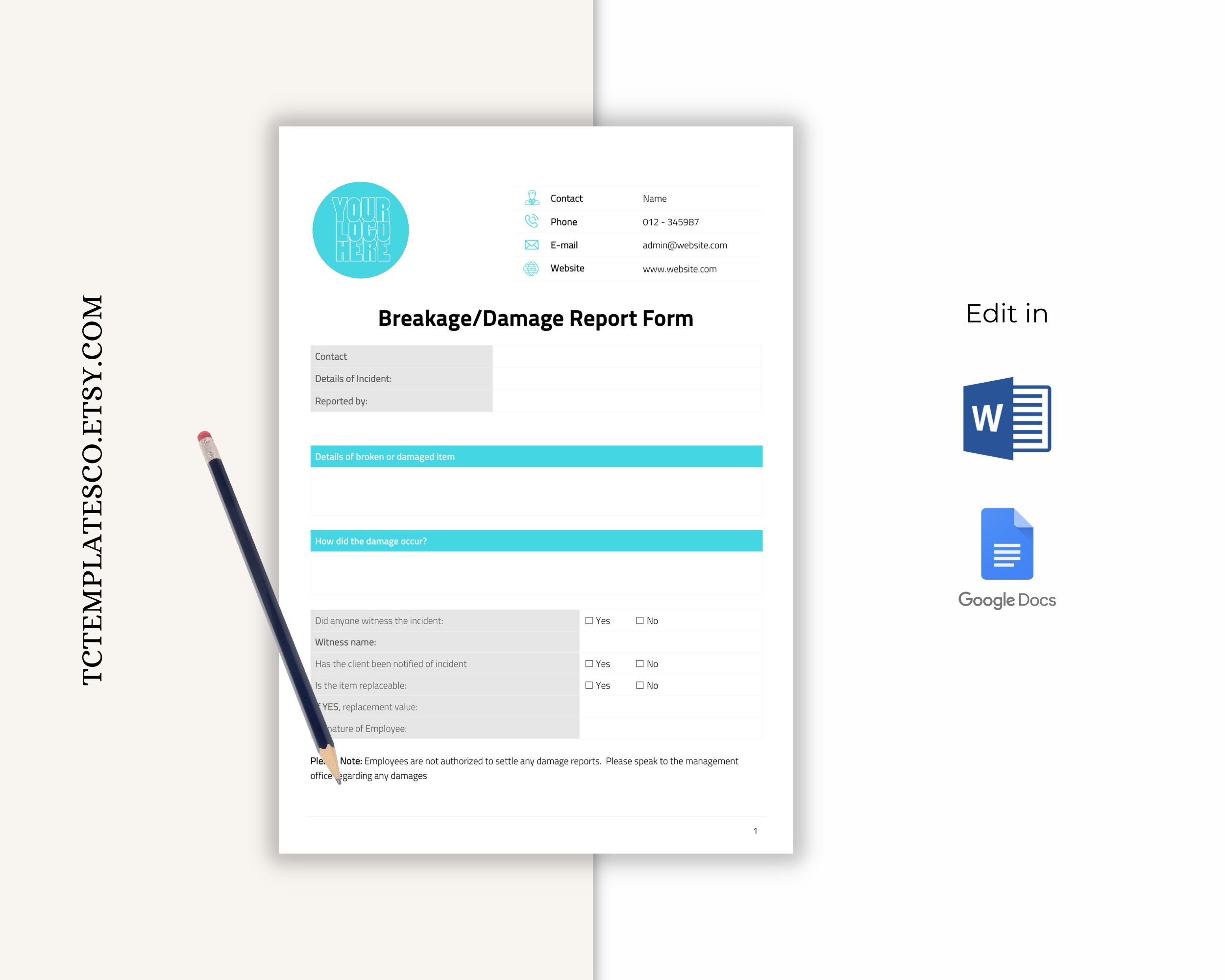 Cleaning Business Breakage Report Template | Property Damage | Editable ...