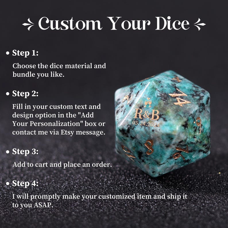 Personalised Gemstone Dice Set - Personalised D20, Engagement Gift ...