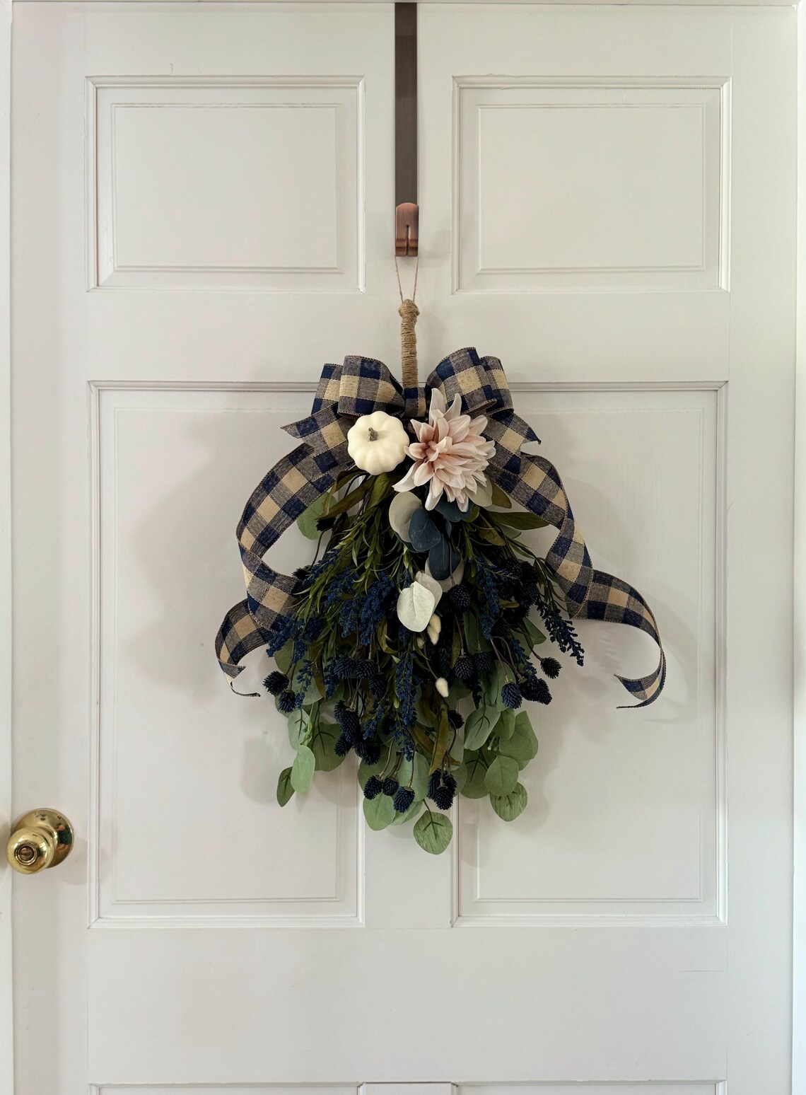 Fall Door Swag Featuring Cream Dahlia Flower, Cream Pumpkin, Eucalyptus ...
