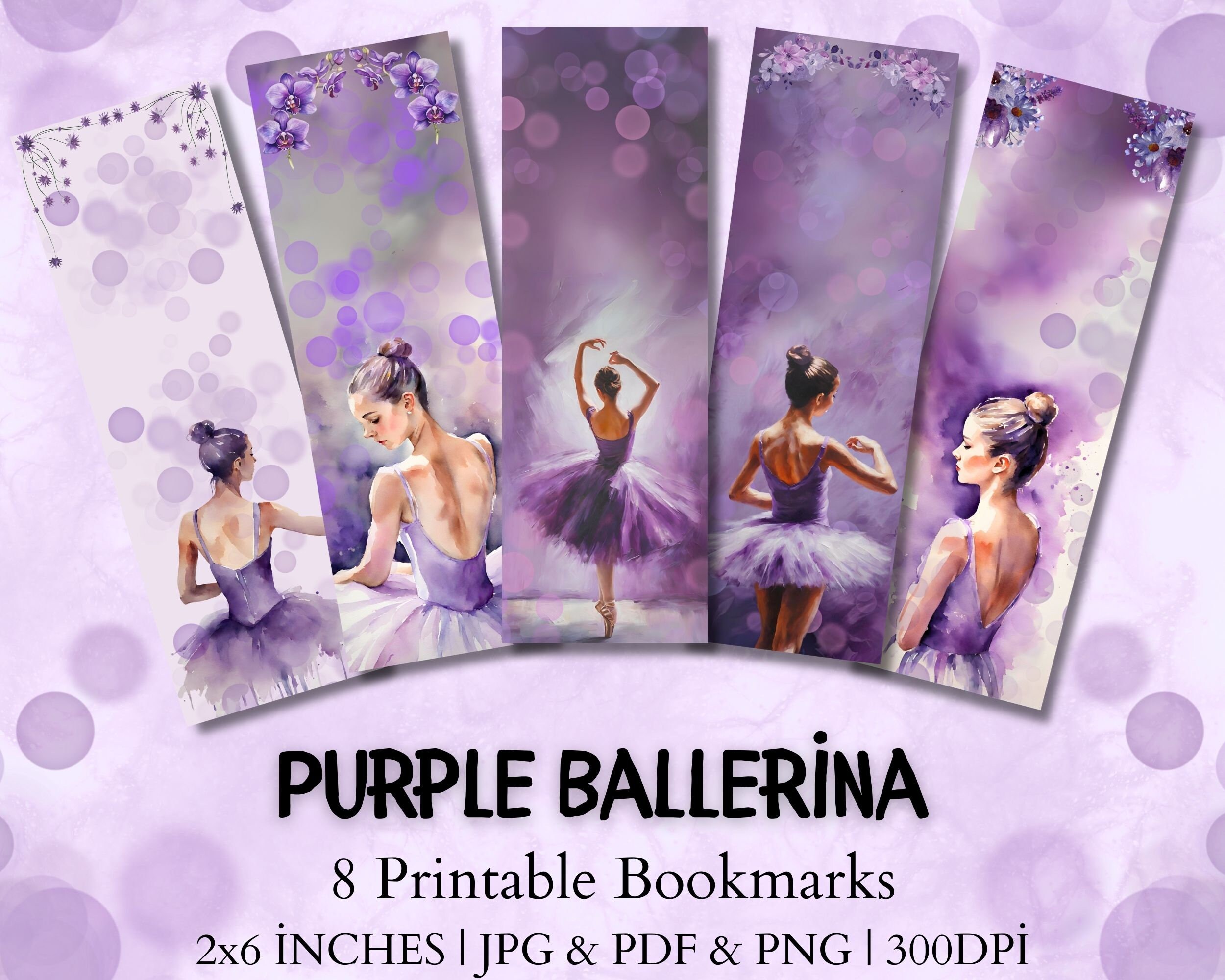 Purple Ballerina Bookmarks, Watercolor Dance Stationery, Little Dancer ...