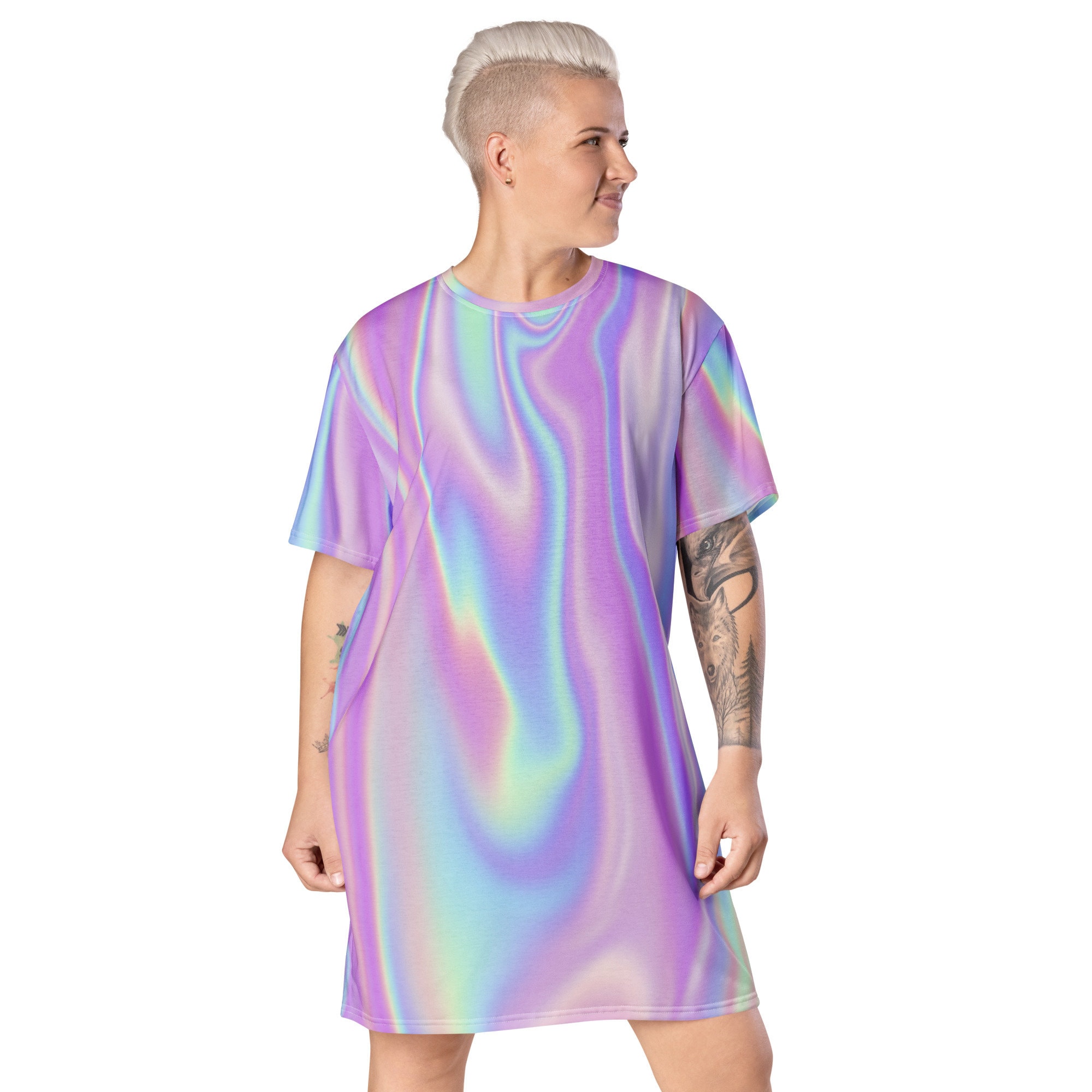 Iridescent T-shirt Dress Oversized Holographic Print Shirt Dress - Etsy