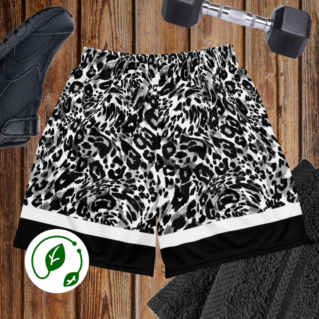 Warped Leopard Print Sustainable Mesh Shorts Black and White Animal ...