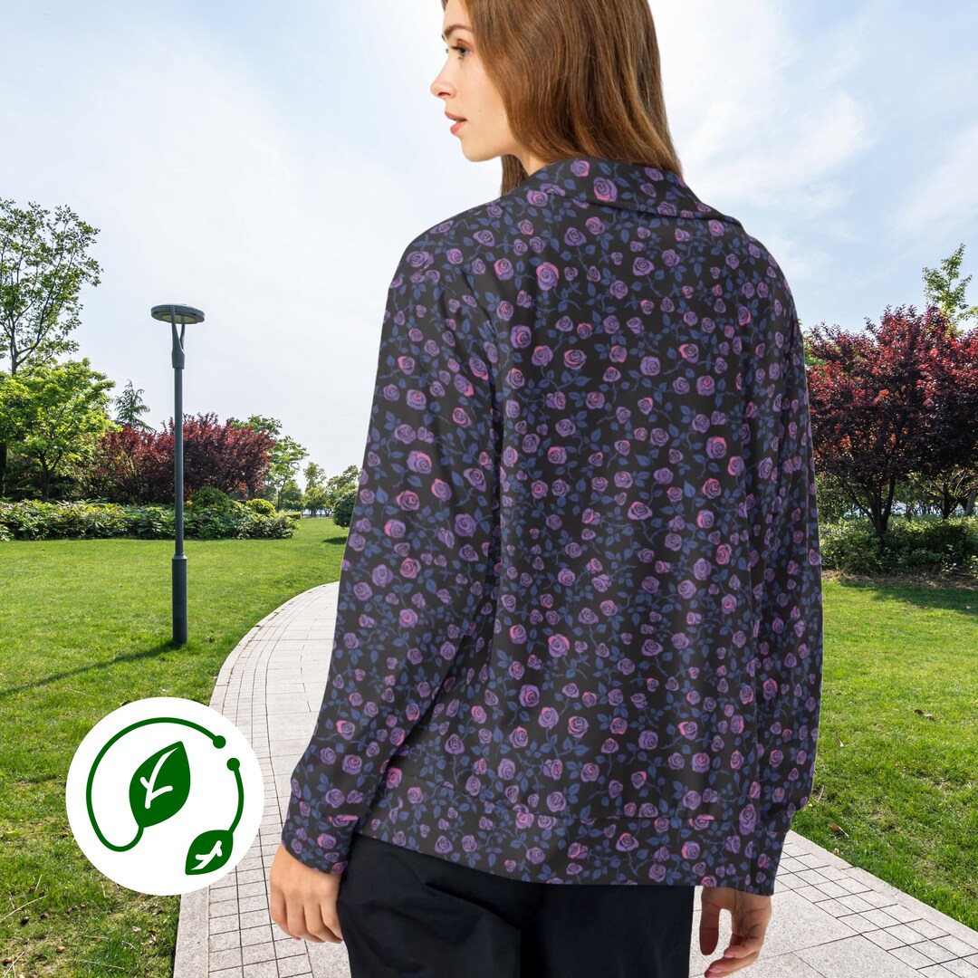 Blue Floral Track Jacket Eco-friendly Purple Roses Print Zip-up Jacket ...