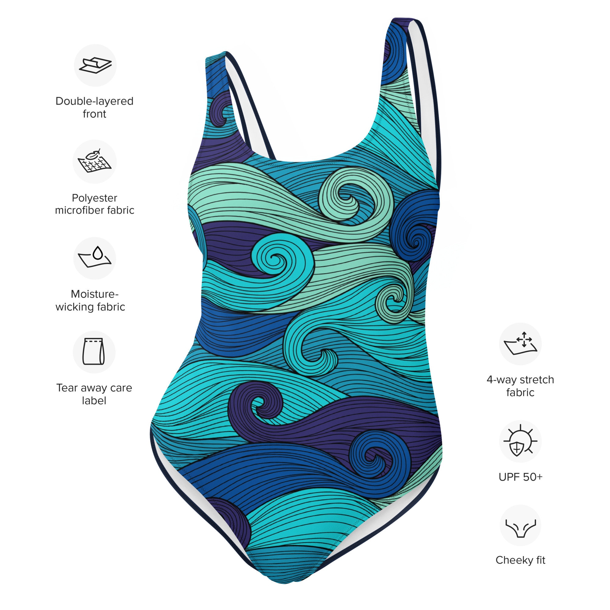 Ocean Waves One-piece Swimsuit for Women Blue and Green Beach Sea Print ...