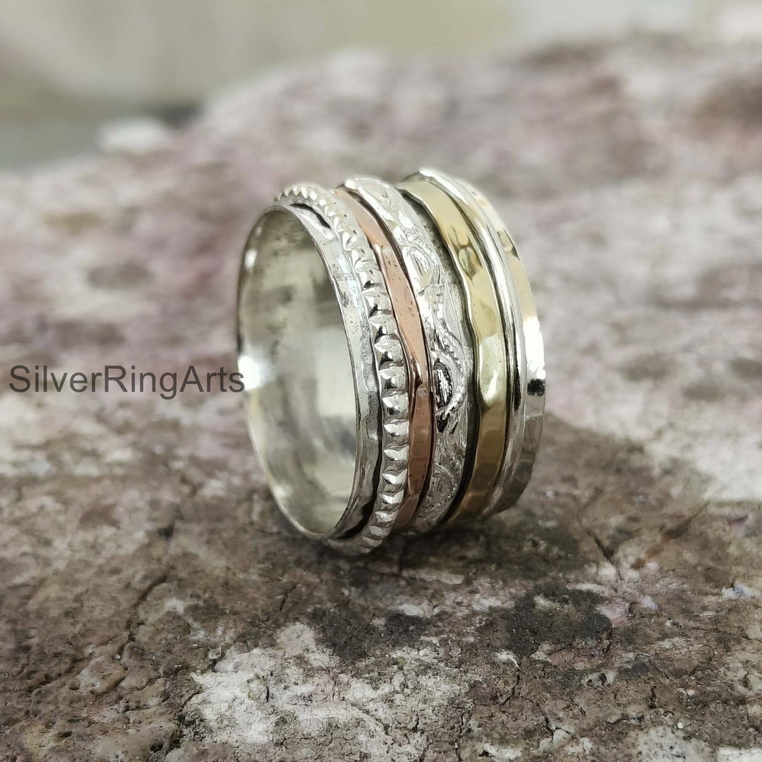 925 Sterling Silver Spinner Ring for Women, Silver and Gold Brass ...