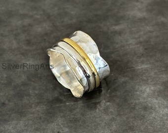 Hammered Spinner Ring, Mixed Metal Spinner Ring, 2 Tone Sterling Silver ...
