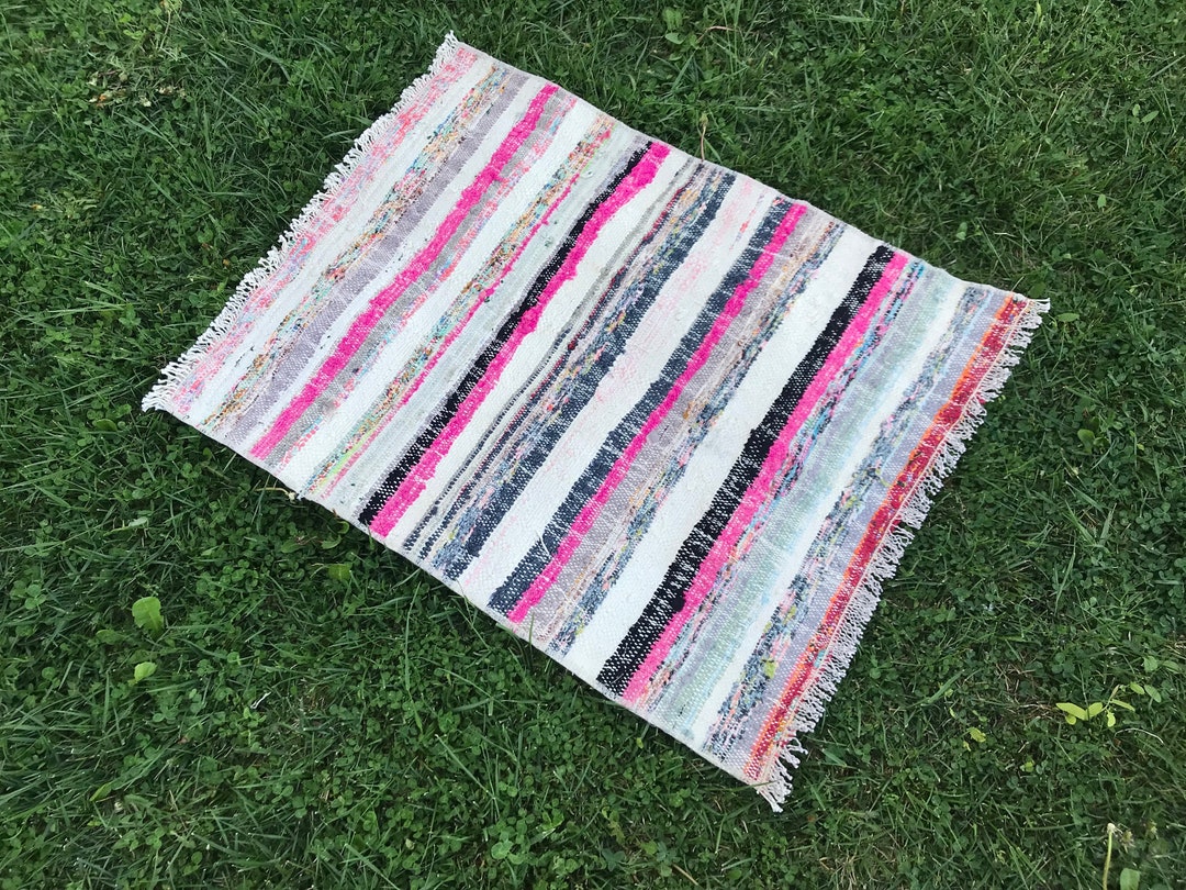 Hand Loom Small Rag Rug, Flatweave Small Rug, Cotton Bath Mat, Colorful ...