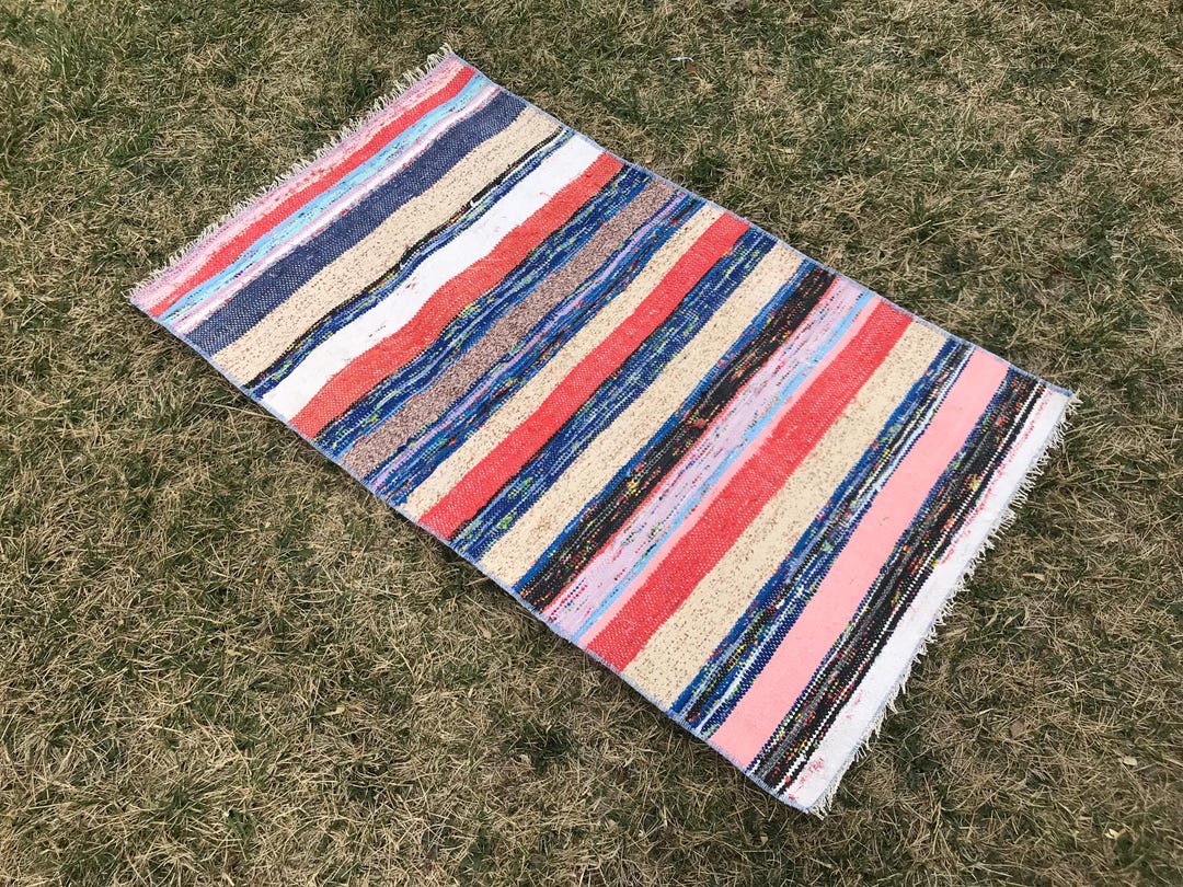 Hand Loom Small Rag Rug, Flatweave Small Rug, Cotton Bath Mat, Colorful ...