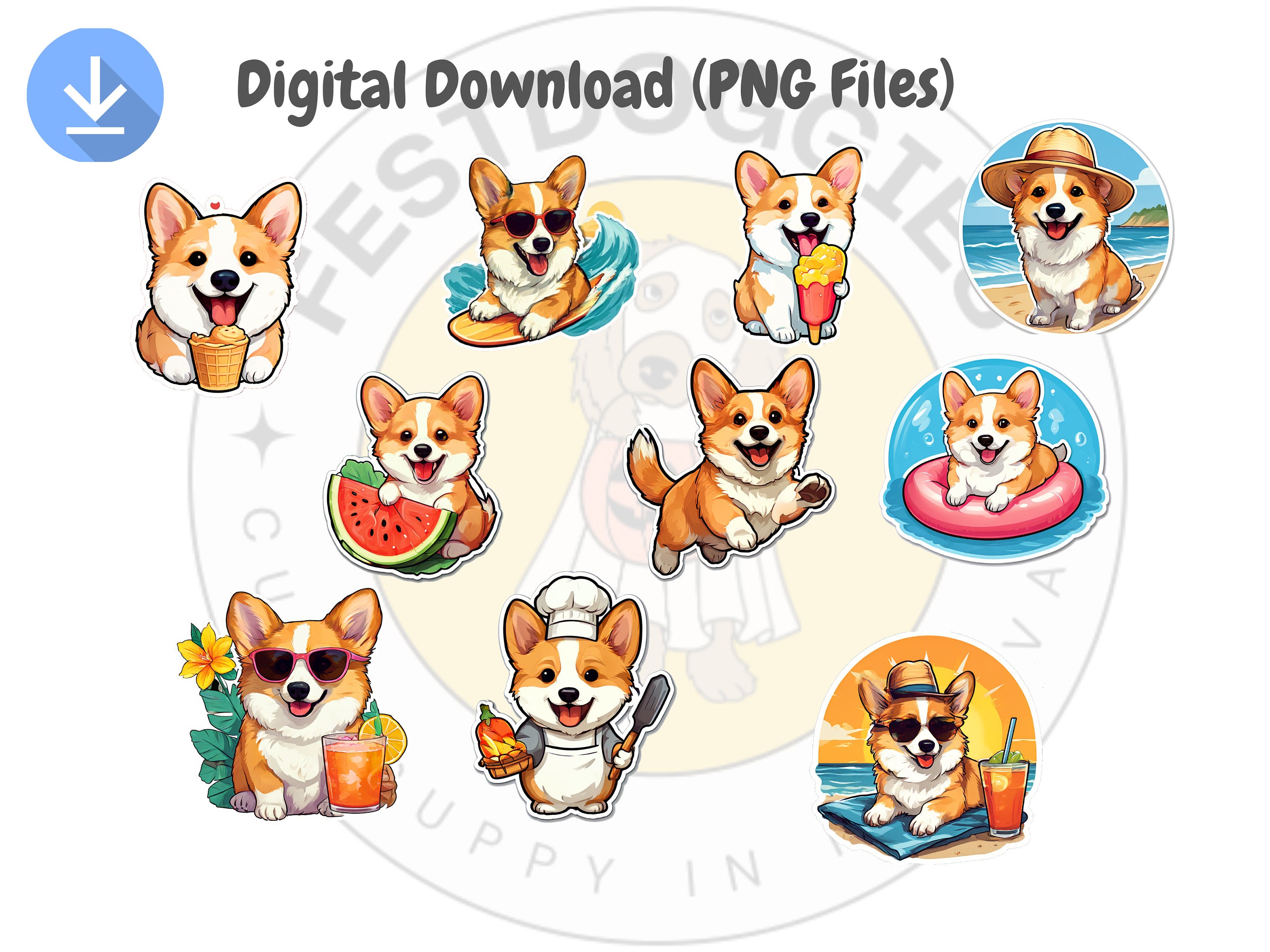 Summer Corgi Print and Cut Digital PNG Sticker Sheets, 10 Different ...