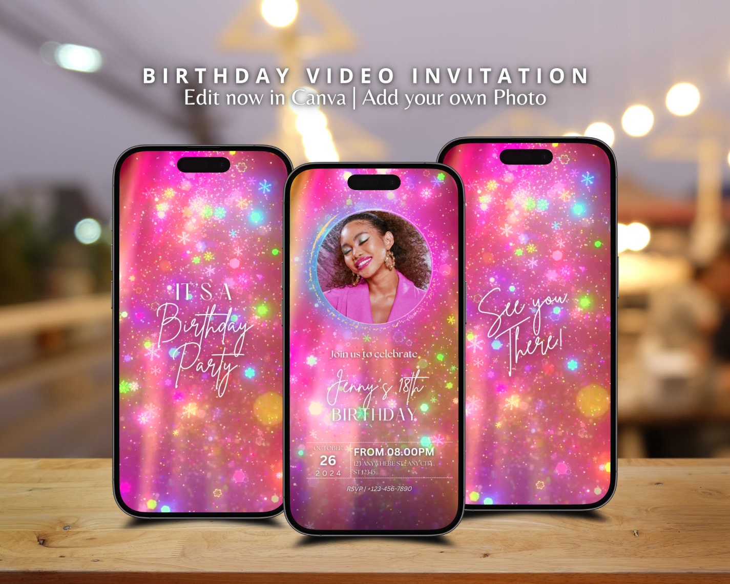 Neon Sparkling Glitter Animated Birthday Invitation Video Rainbow Pink ...