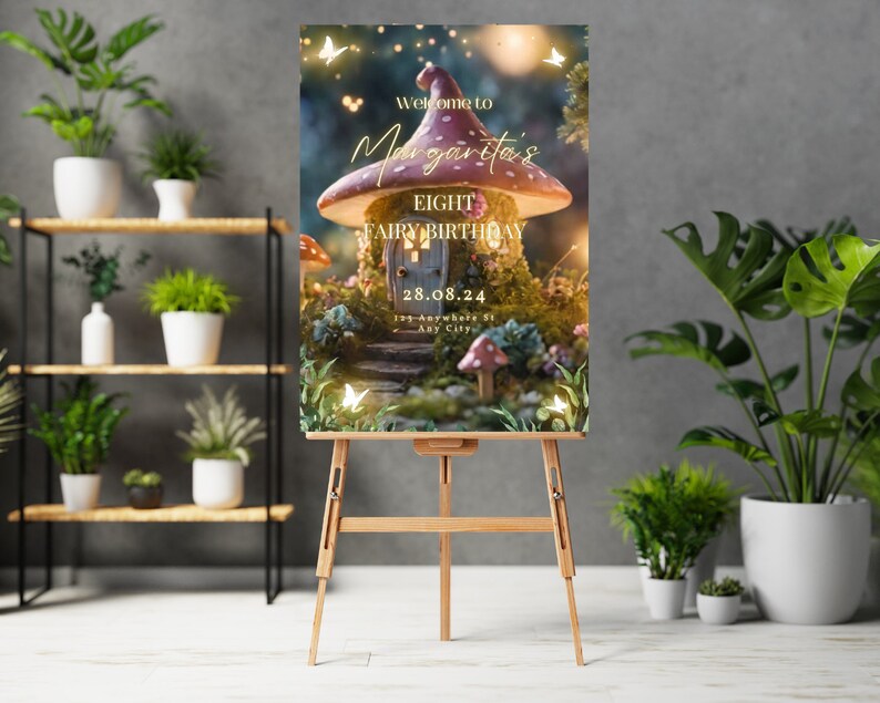 Mushroom House Welcome Sign Fairy Garden Birthday Welcome Easel Board ...