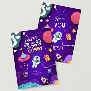 Astronaut in Outer Space Birthday Printable Invitation Spaceship Purple ...
