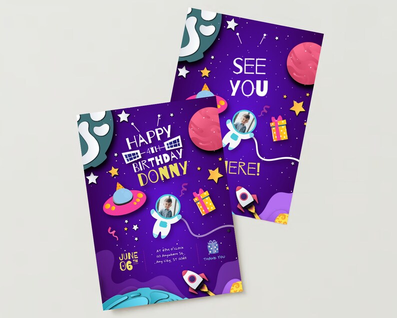 Astronaut in Outer Space Birthday Printable Invitation Spaceship Purple ...