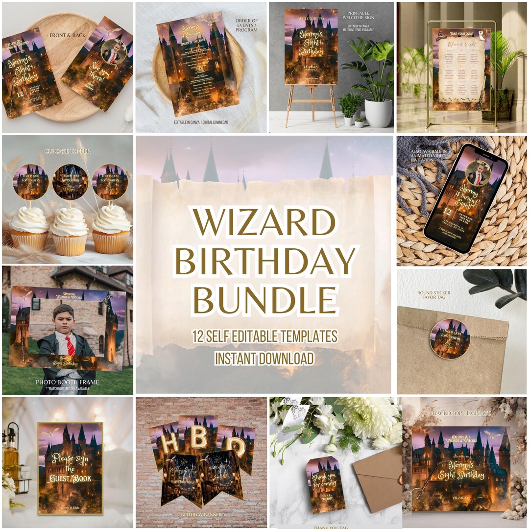 Wizard Birthday Party Bundle: HP Inspired, Editable Printable Decor ...
