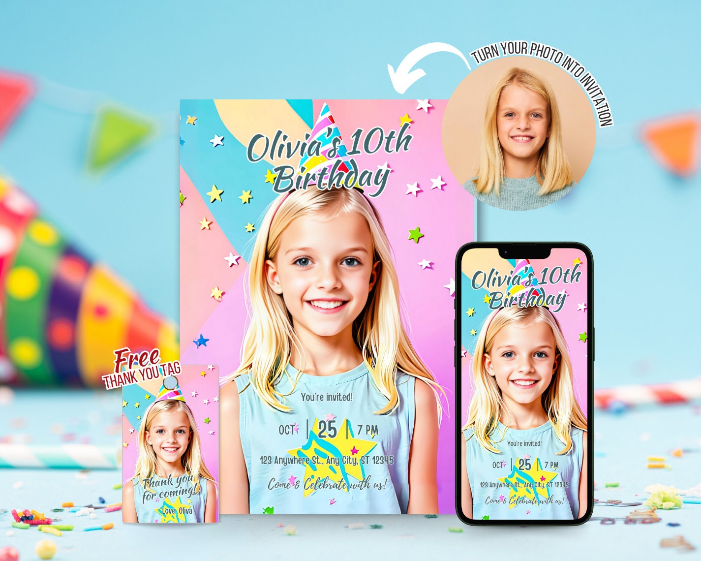 Custom Portrait Birthday Invitation for Kids Pink Personalized Portrait ...