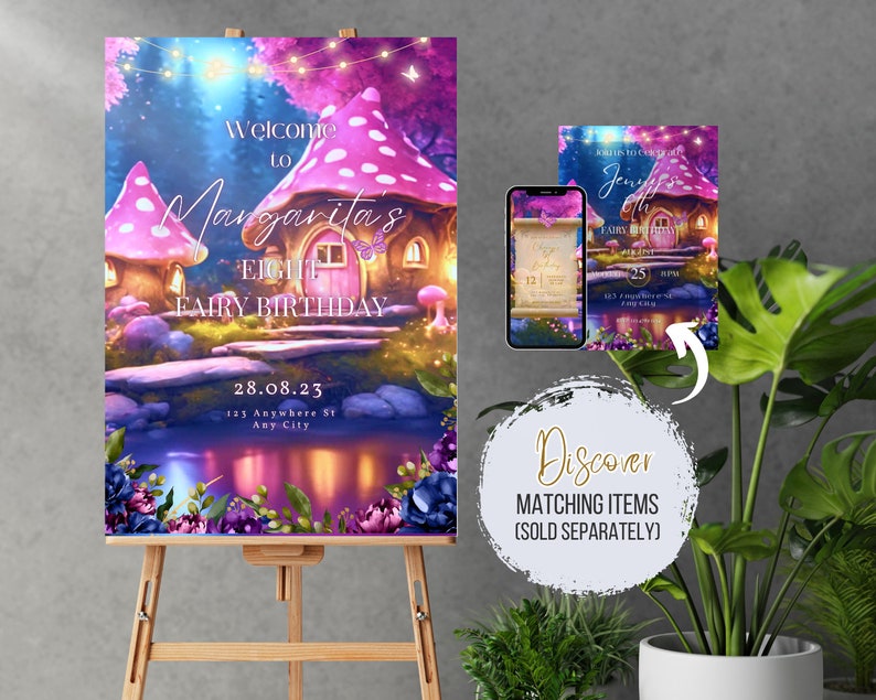 Purple Mushroom Fairy House Birthday Welcome Sign Enchanted Forest ...