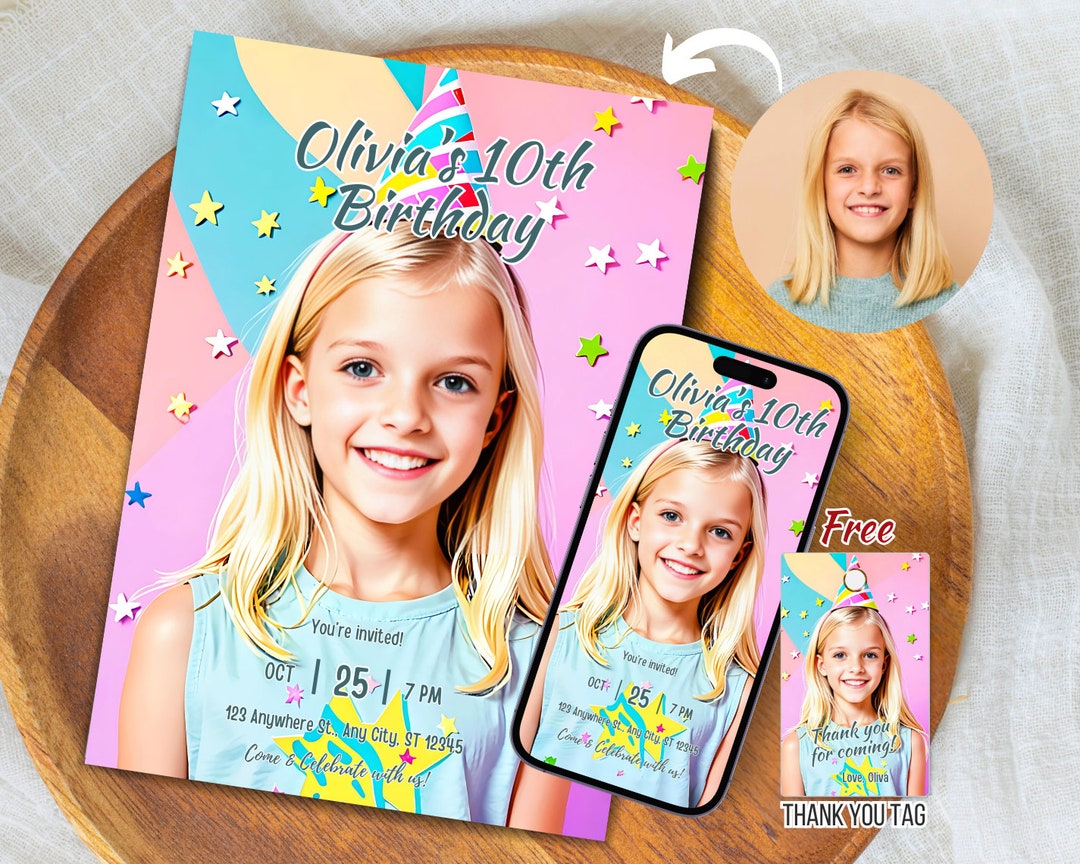 Custom Portrait Birthday Invitation for Kids Pink Personalized Portrait ...