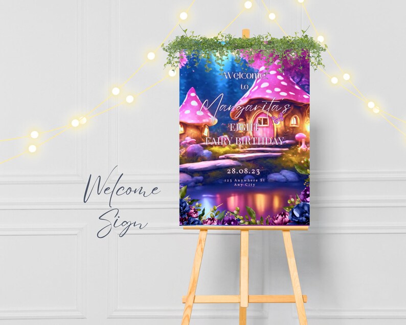 Purple Mushroom Fairy House Birthday Welcome Sign Enchanted Forest ...