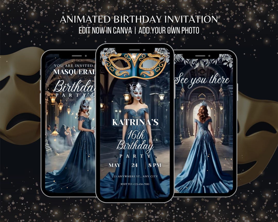 Blue Masquerade Birthday Party Animated Invitation: Editable Costume ...