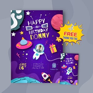 Astronaut in Outer Space Birthday Printable Invitation Spaceship Purple ...