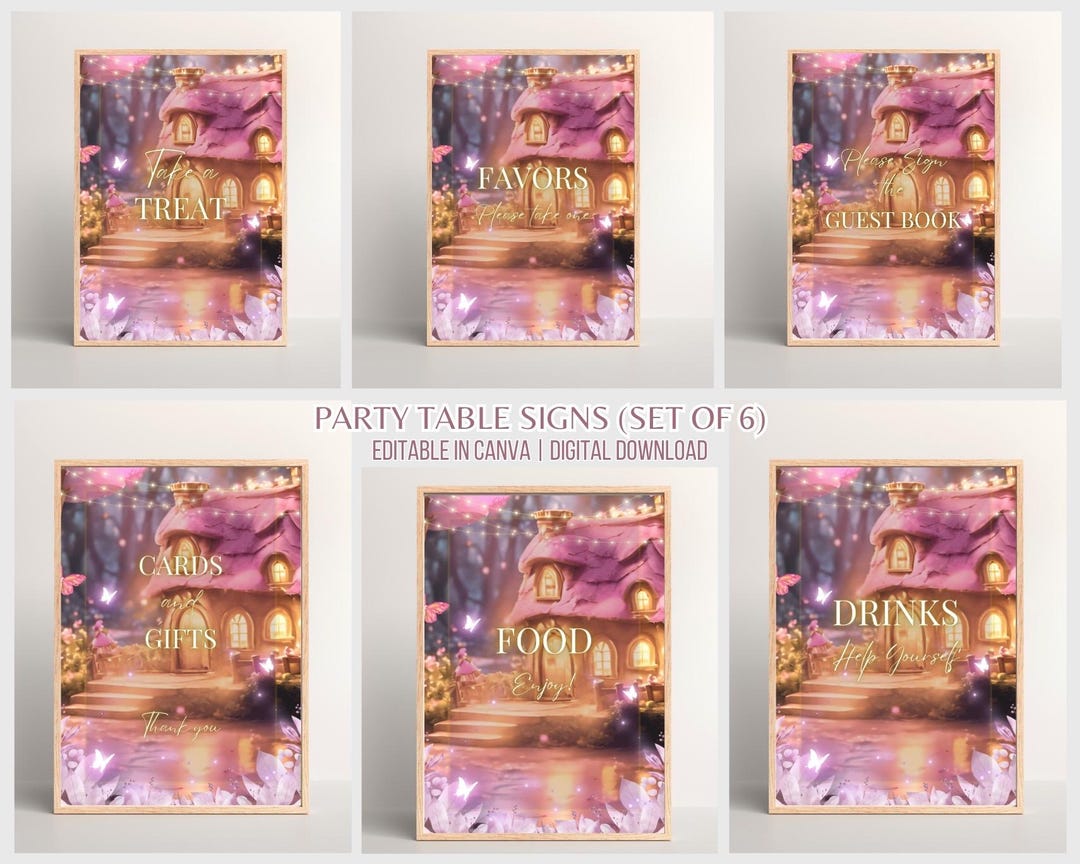 Printable Party Table Signs Set Pink Fairyland Birthday Party Signs ...