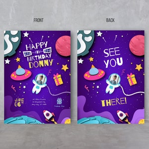 Astronaut in Outer Space Birthday Printable Invitation Spaceship Purple ...