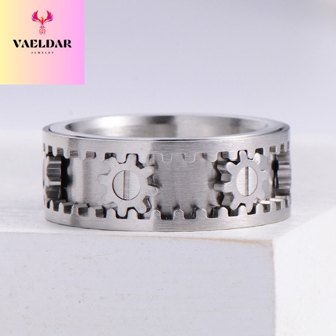 Rotating Gear Ring: Stainless Steel Men's Wide Handmade Jewelry Unique ...