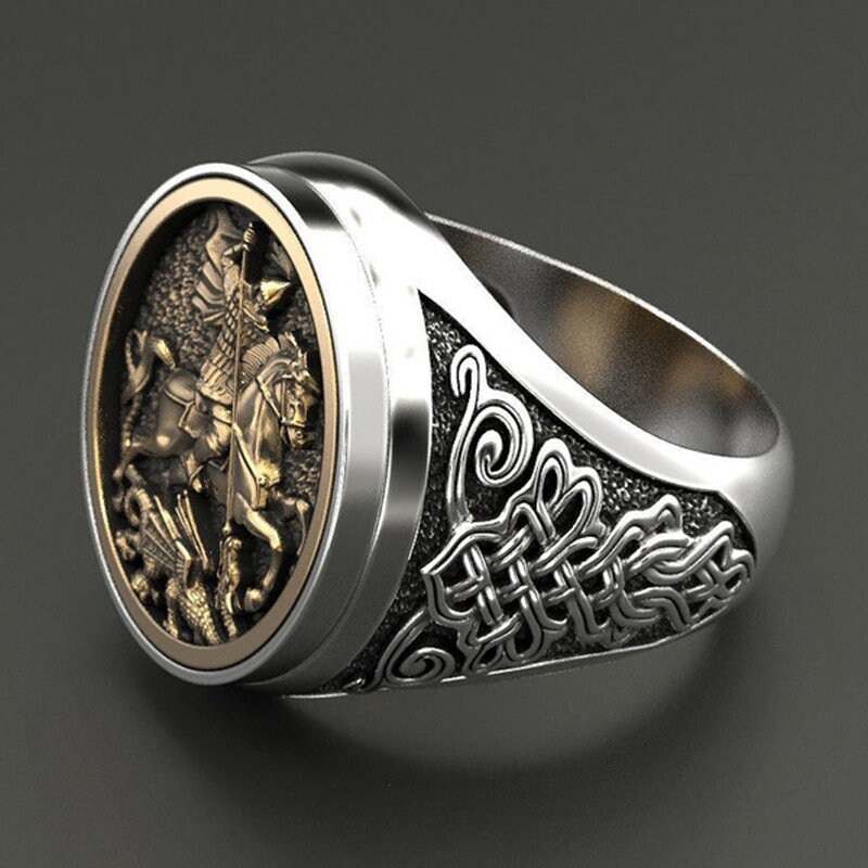 Engraved Signet Barbarian Man Ring, Warrior and Dragon Ring Brutalist ...