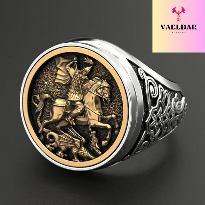 Engraved Signet Barbarian Man Ring, Warrior and Dragon Ring Brutalist ...