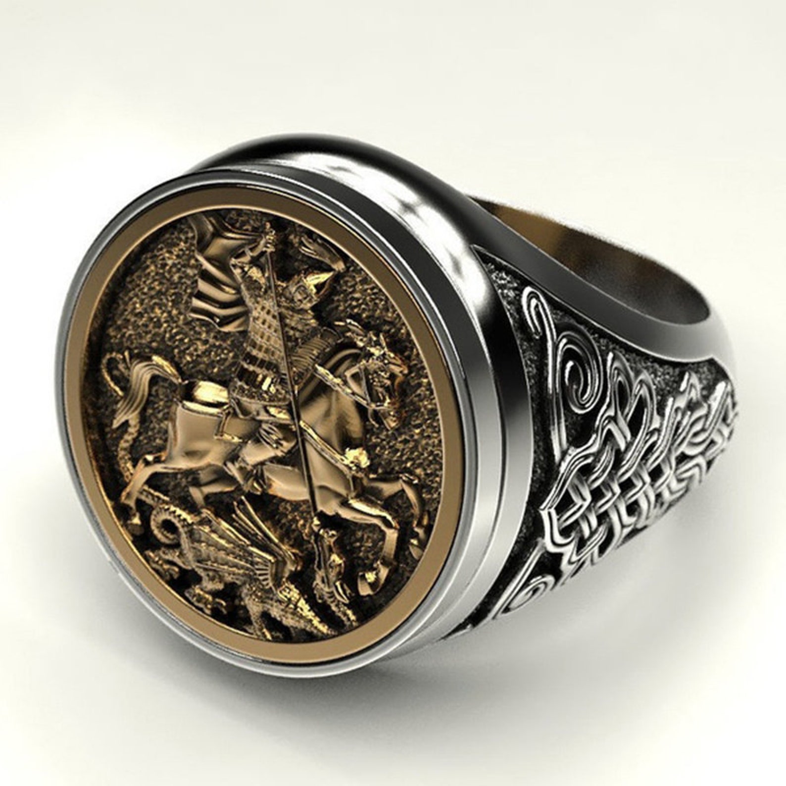 Engraved Signet Barbarian Man Ring, Warrior and Dragon Ring Brutalist ...