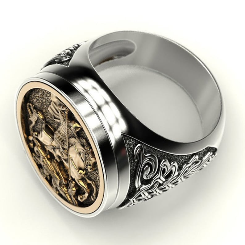 Engraved Signet Barbarian Man Ring, Warrior and Dragon Ring Brutalist ...