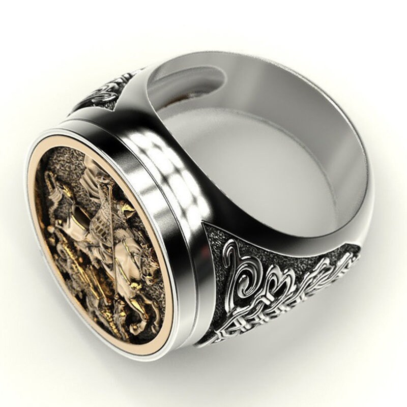 Engraved Signet Barbarian Man Ring, Warrior and Dragon Ring Brutalist ...
