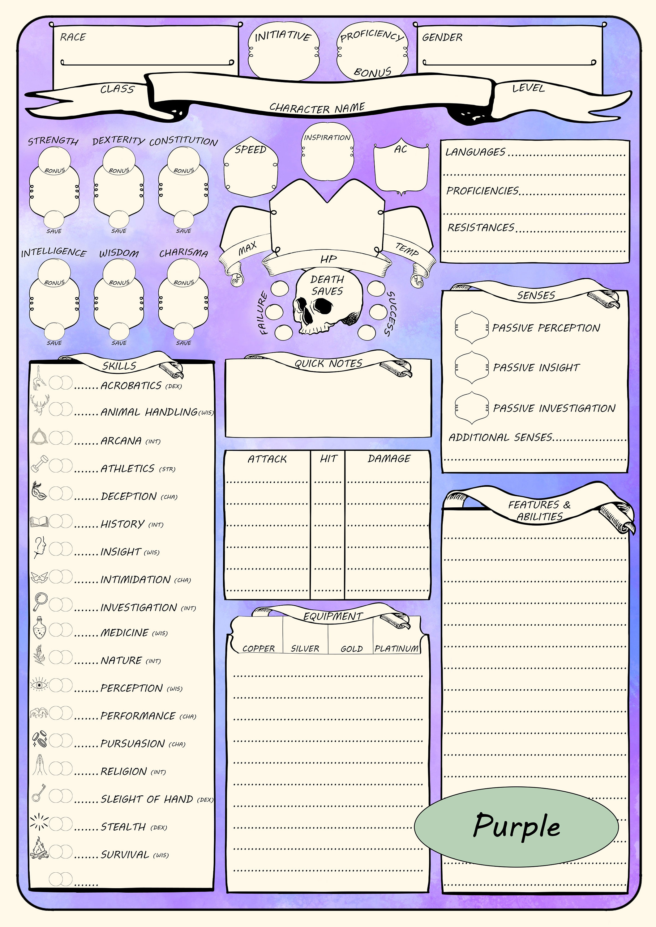DND 5e Character Sheets Purple Fillable PDF - Etsy