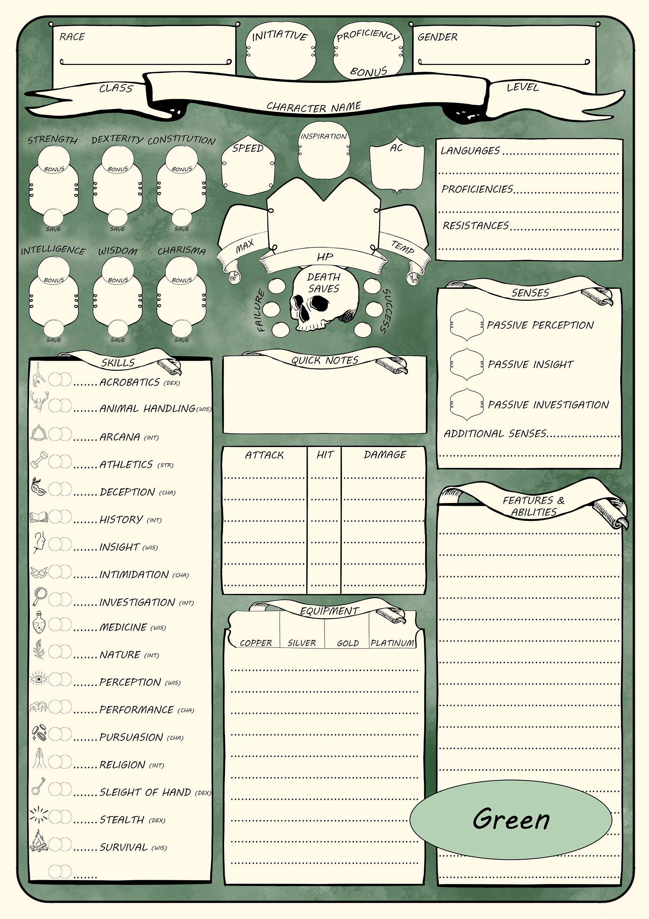 DND 5e Character Sheets Green Fillable PDF - Etsy