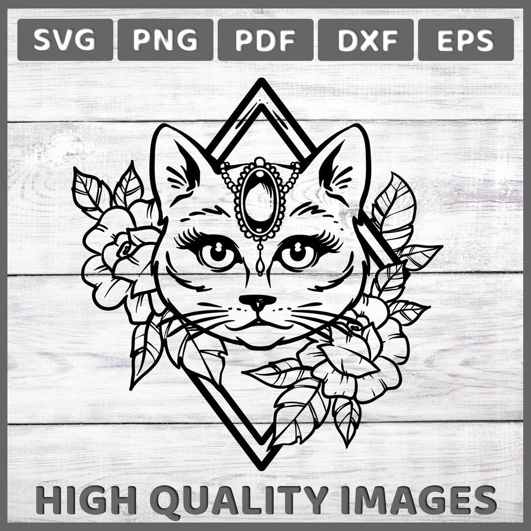 Boho Cat Svg, Floral Cat Head Line Art, Mystical Kitty Clipart, Cricut ...