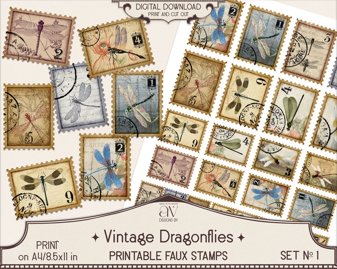 Dragonfly Postal Stamps Printable Digital Download Vintage Dragonflies ...