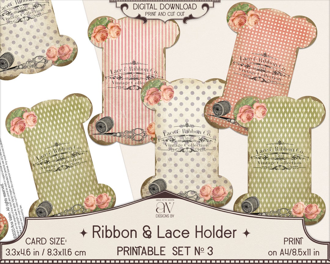 Shabby Spool Cards Printable Digital Download Vintage Ribbon & Lace ...