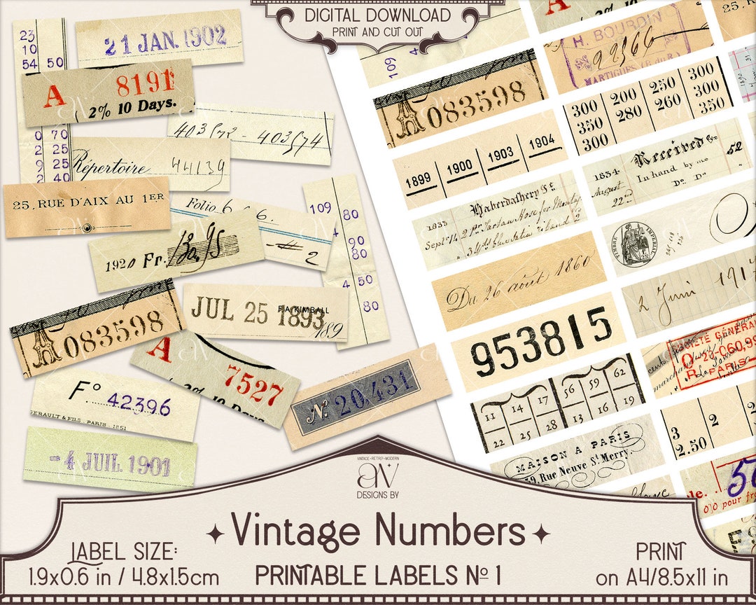Number Labels Printable Ephemera Numbers Digital Download Junk Journal ...