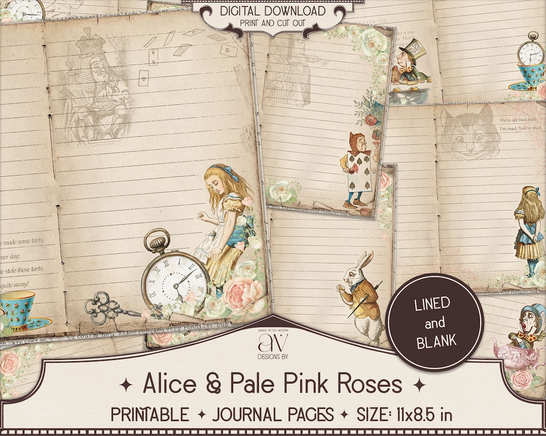 Alice in Wonderland Journal Pages Printable Blank & Lined Pages Digital ...