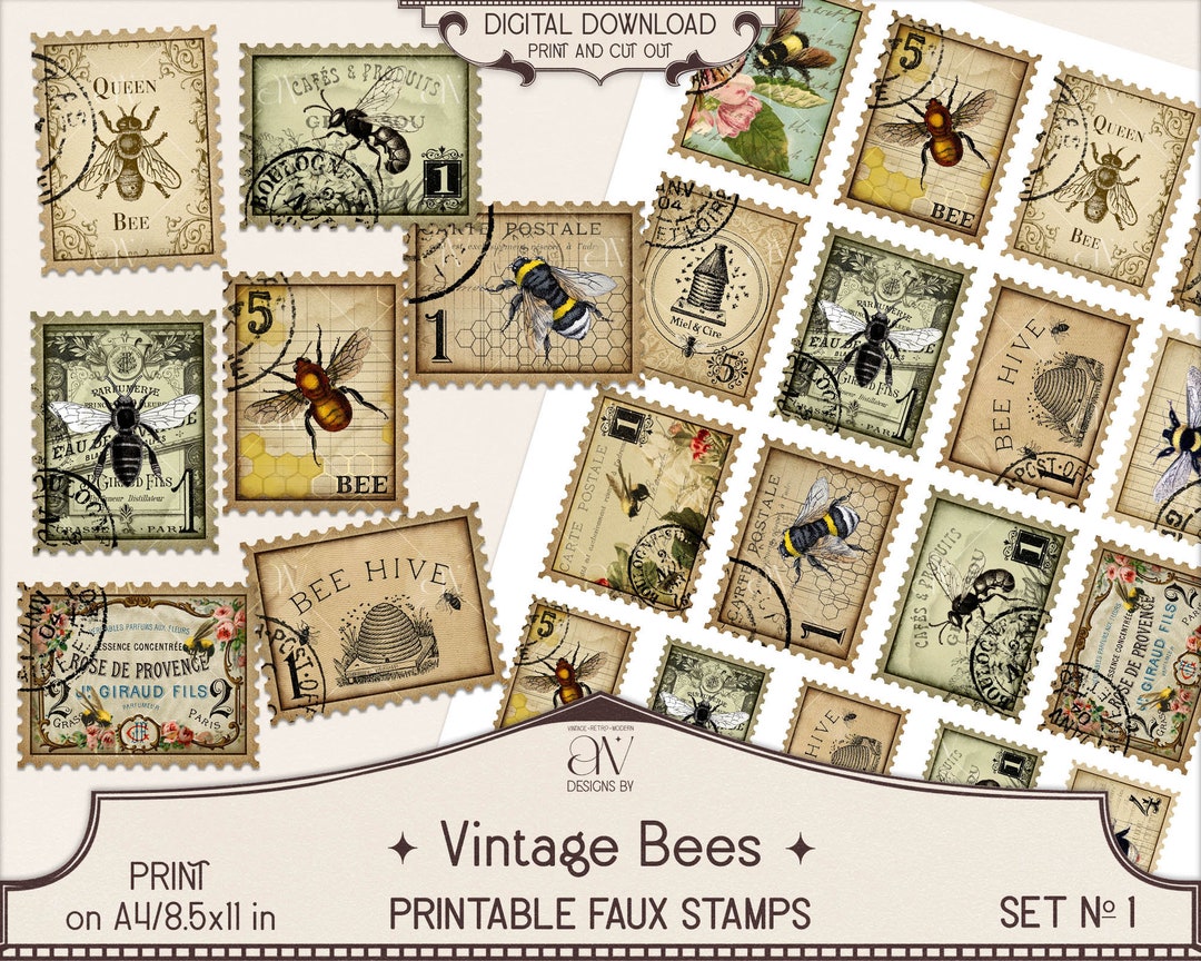 Bee Stamps Printable Digital Download Vintage Bee Images Faux - Etsy