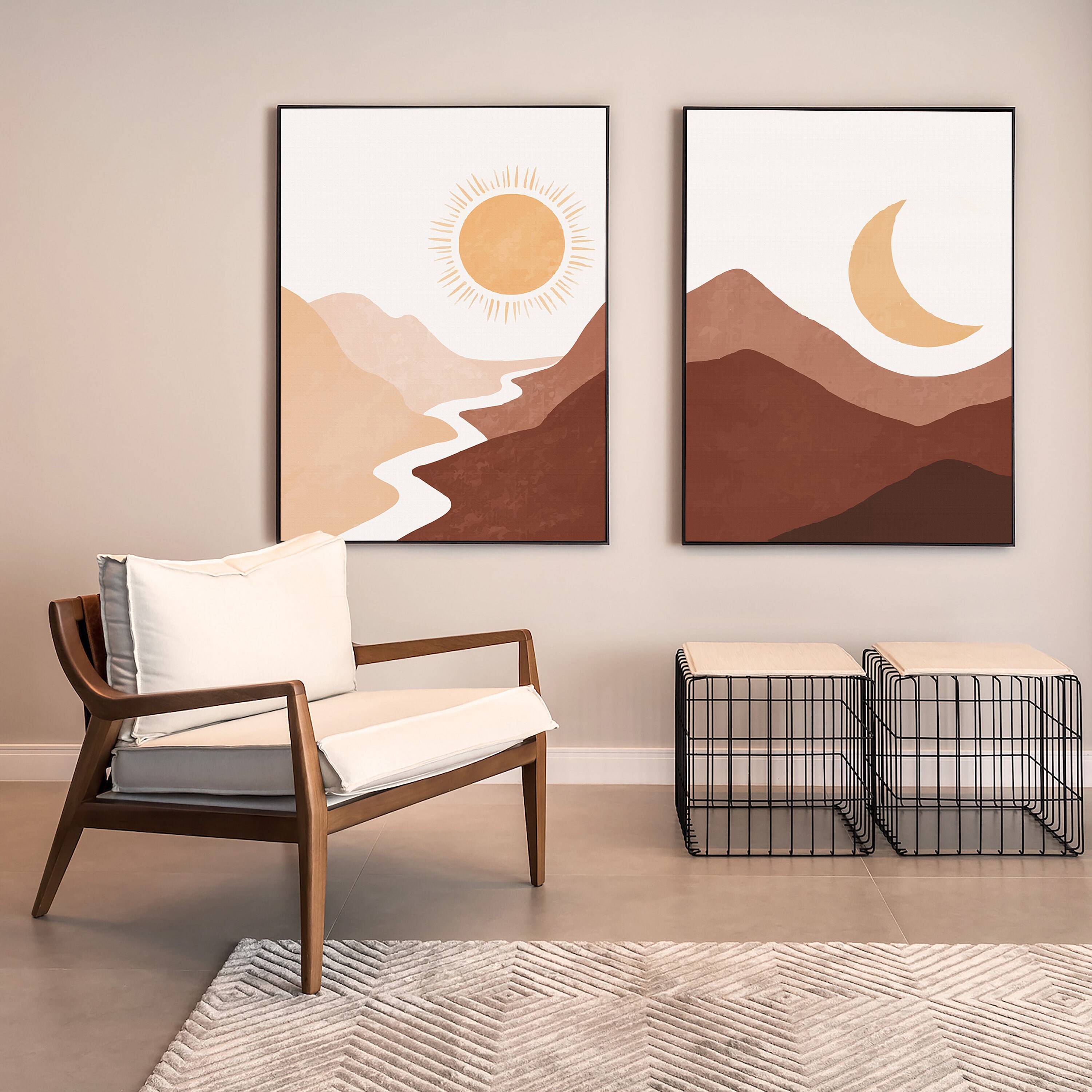 Sun and Moon Abstract Landscape, Boho Desert Sunset, Printable Poster ...