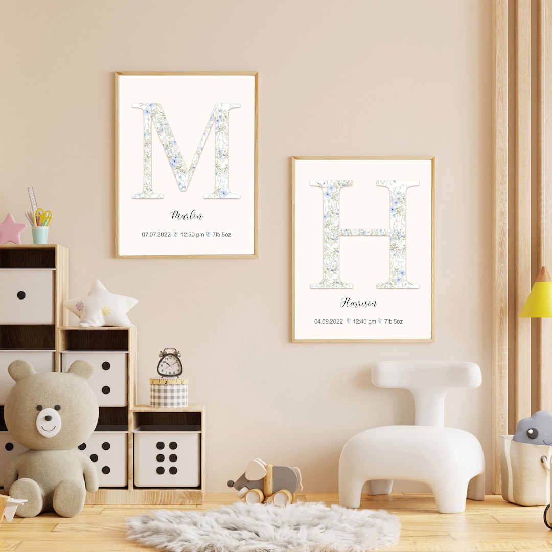 Custom Initial Print, Blue Floral Initials Print, Alphabet Art ...