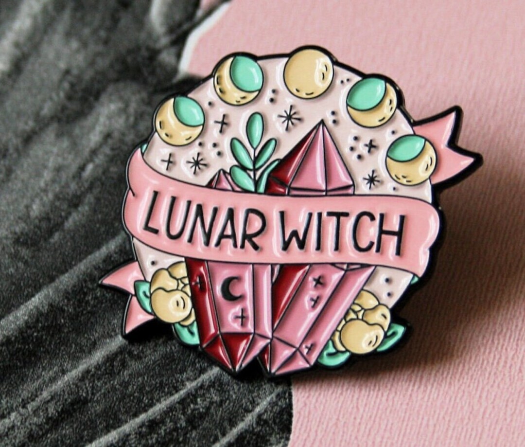 Lunar Witch, Crystal and Moon Phases, Pink Mystical, Pagan Pin. Gift ...