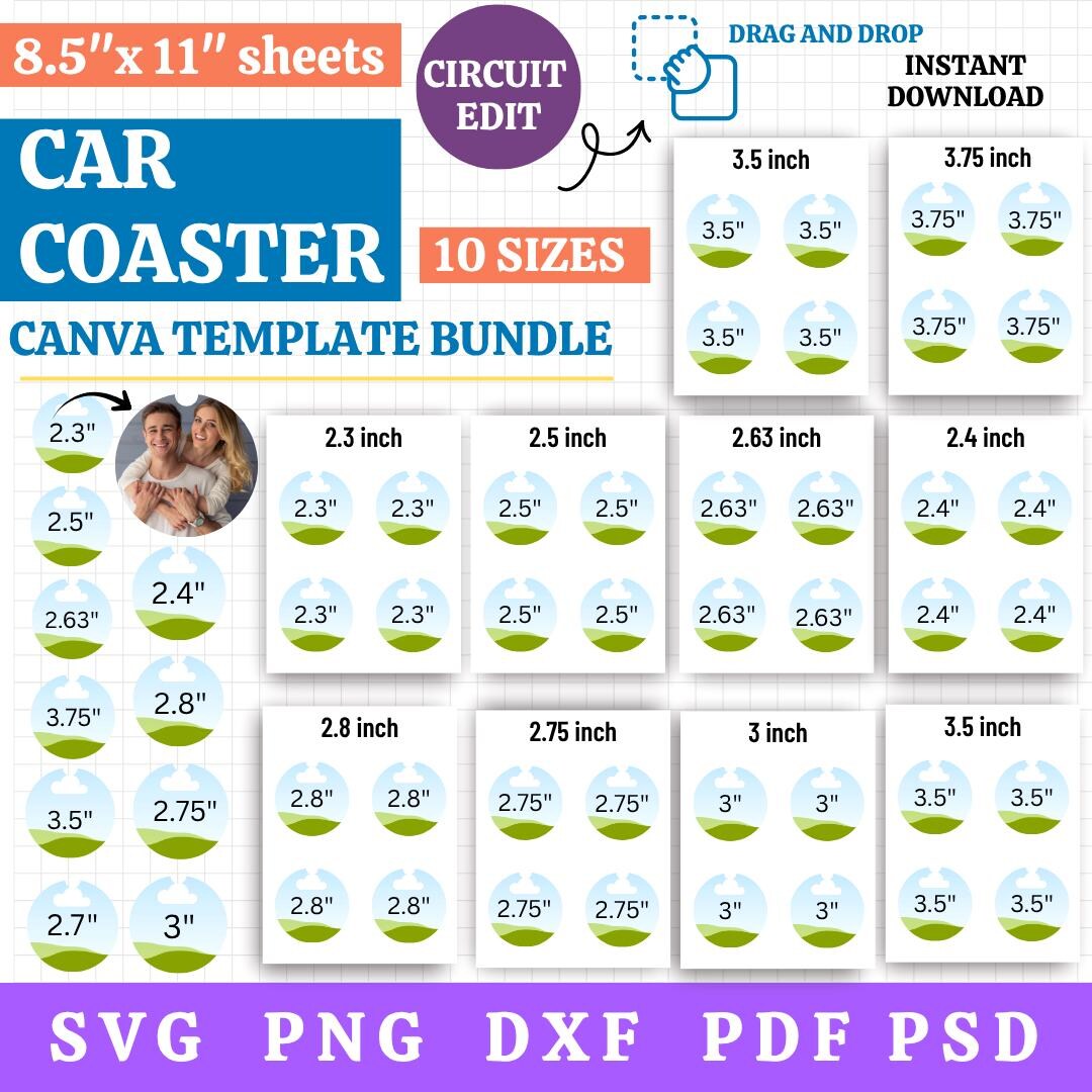 Car Coaster Template Bundle | Canva Frame, Printify (digital Download ...